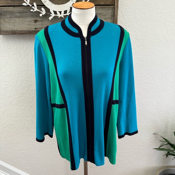 Misook | Sweaters | Exclusively Misook Blue Green Color Block Full Zip ...